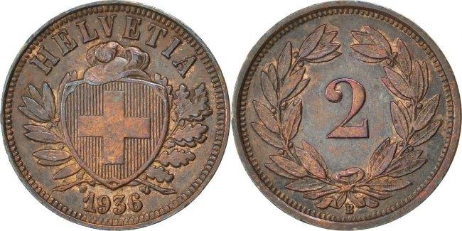 Schweiz 2 Rappen 1936 B Münze, Bern, VZ, Bronze, KM:4.2a | MA-Shops
