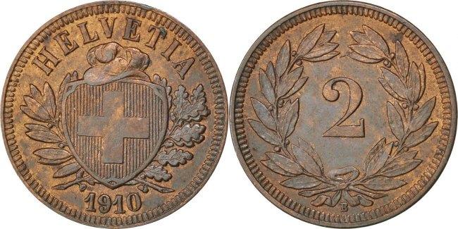 Schweiz 2 Rappen 1910 B Münze, Bern, VZ, Bronze, KM:4.2 | MA-Shops