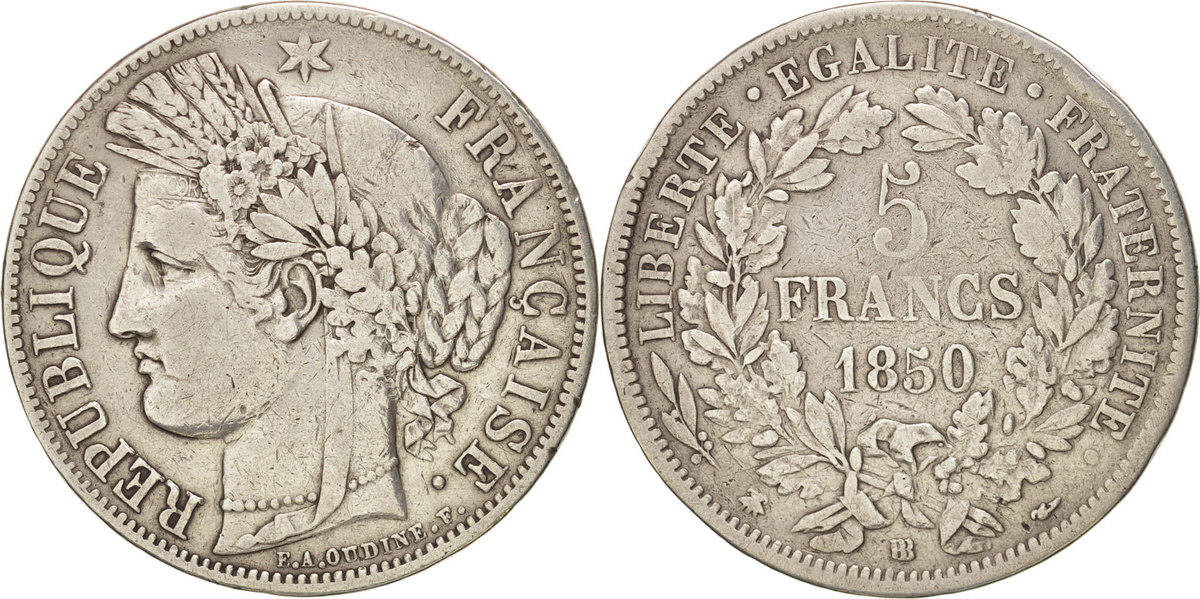 Frankreich 5 Francs 1850 BB Münze, Cérès, Strasbourg, S+, Silber, KM ...