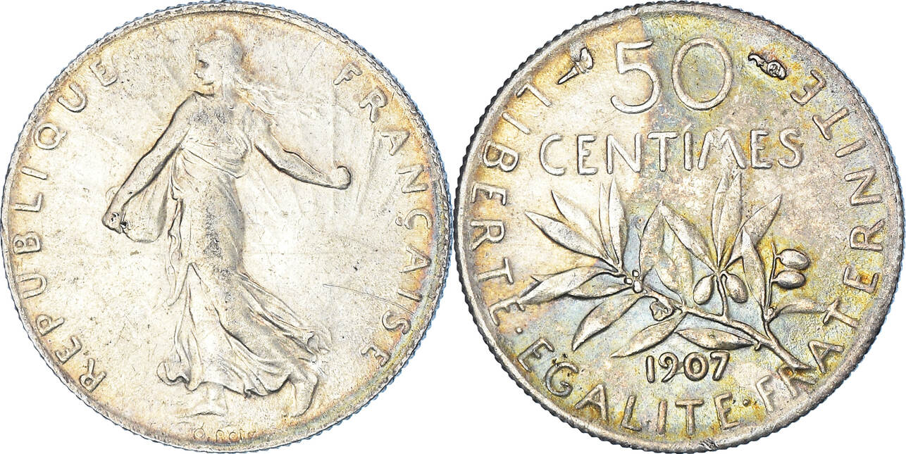 Frankreich 50 Centimes 1907 Paris Münze, Semeuse, Paris, VZ, Silber, KM:854 | MA-Shops