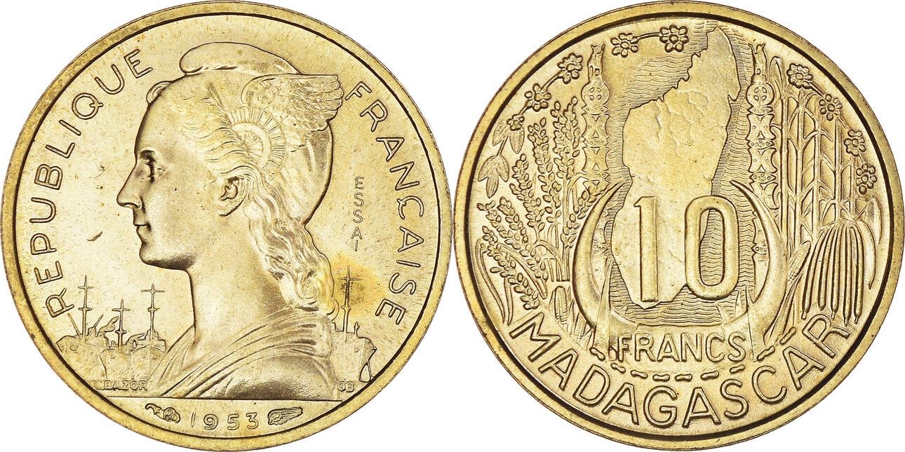 Madagascar 10 Francs 1953 (a) Münze, Paris, ESSAI, STGL, Aluminum ...