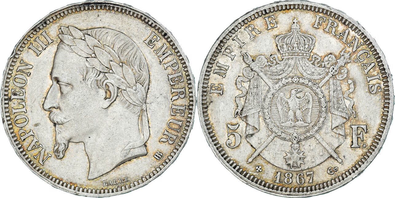 Frankreich 5 Francs 1867 BB Münze, Napoléon III, Strasbourg, SS+, Silber | MA-Shops