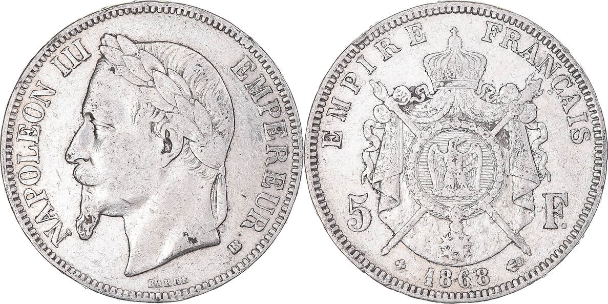 Frankreich 5 Francs 1868 Strasbourg Münze, Napoleon III, Strasbourg, S, Silber | MA-Shops