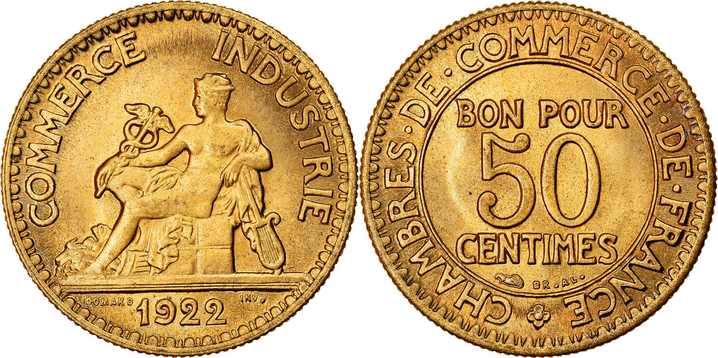 Frankreich 50 Centimes 1922 Paris Münze, Chambre de commerce, Paris ...