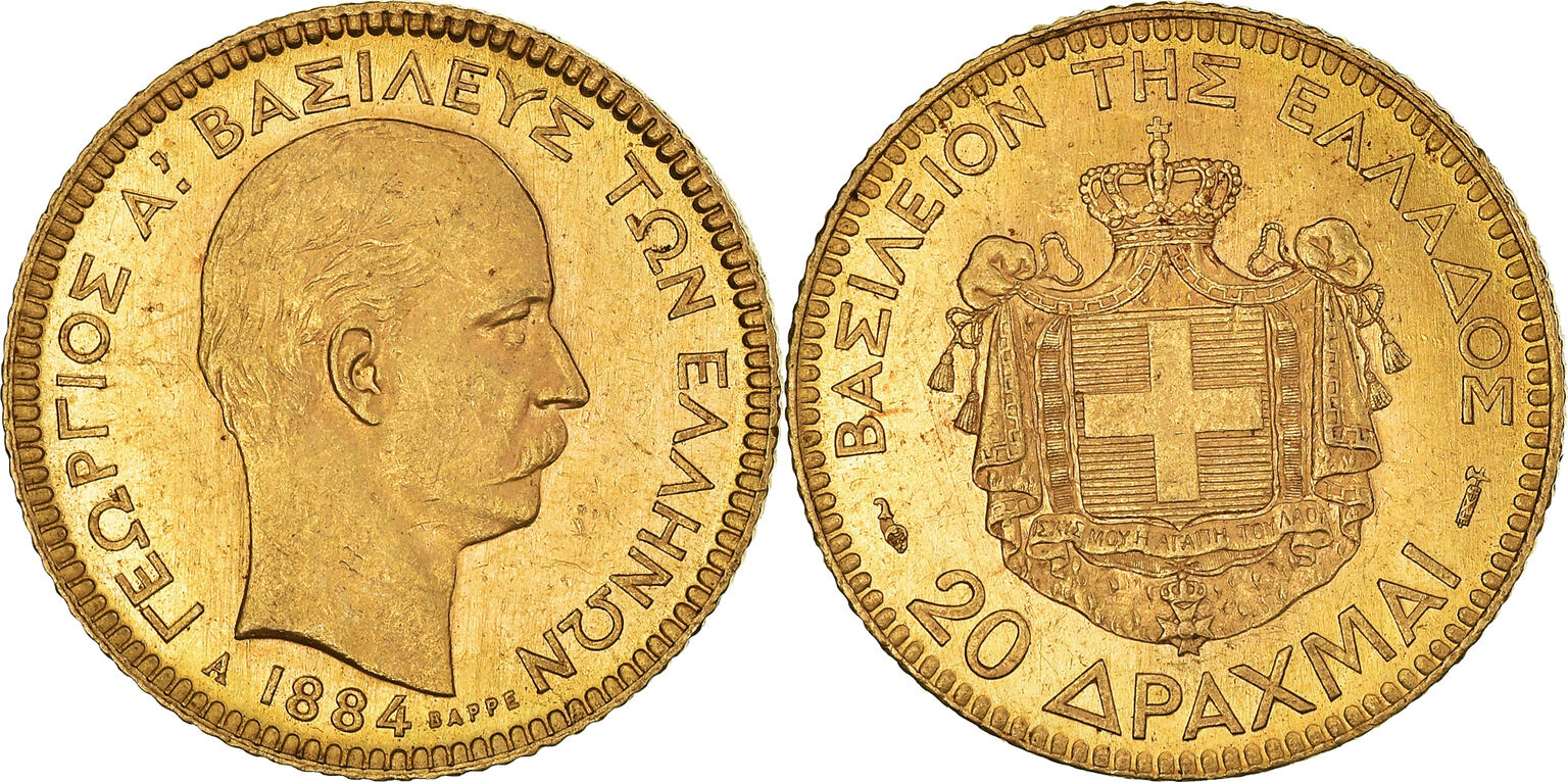 Griechenland 20 Drachmai 1884 A Münze, George I, Paris, VZ, Gold, KM:56 ...