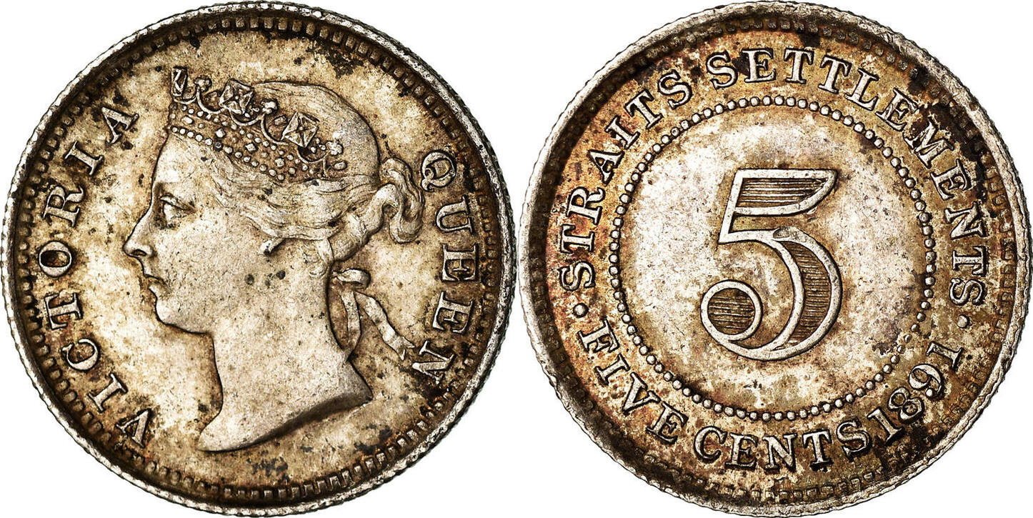Straits Settlements 5 Cents 1891 Heaton Münze, Victoria, Heaton, SS+ ...