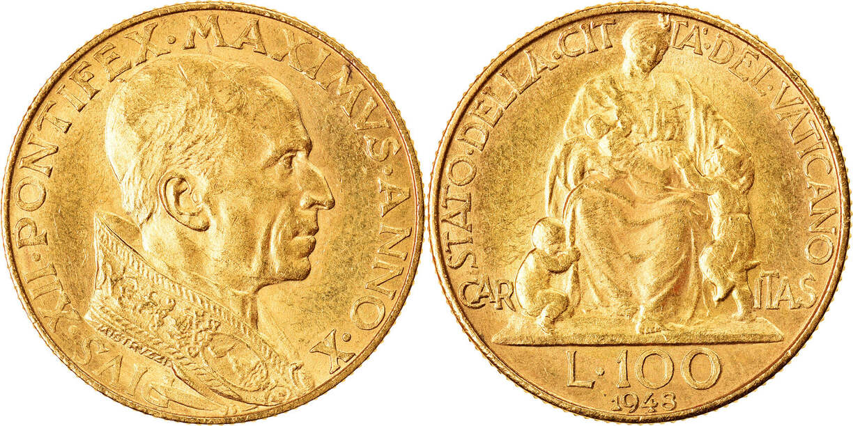Vatikanstadt 100 Lire 1948 Münze, Pius XII, VZ, Gold, KM:39 | MA-Shops