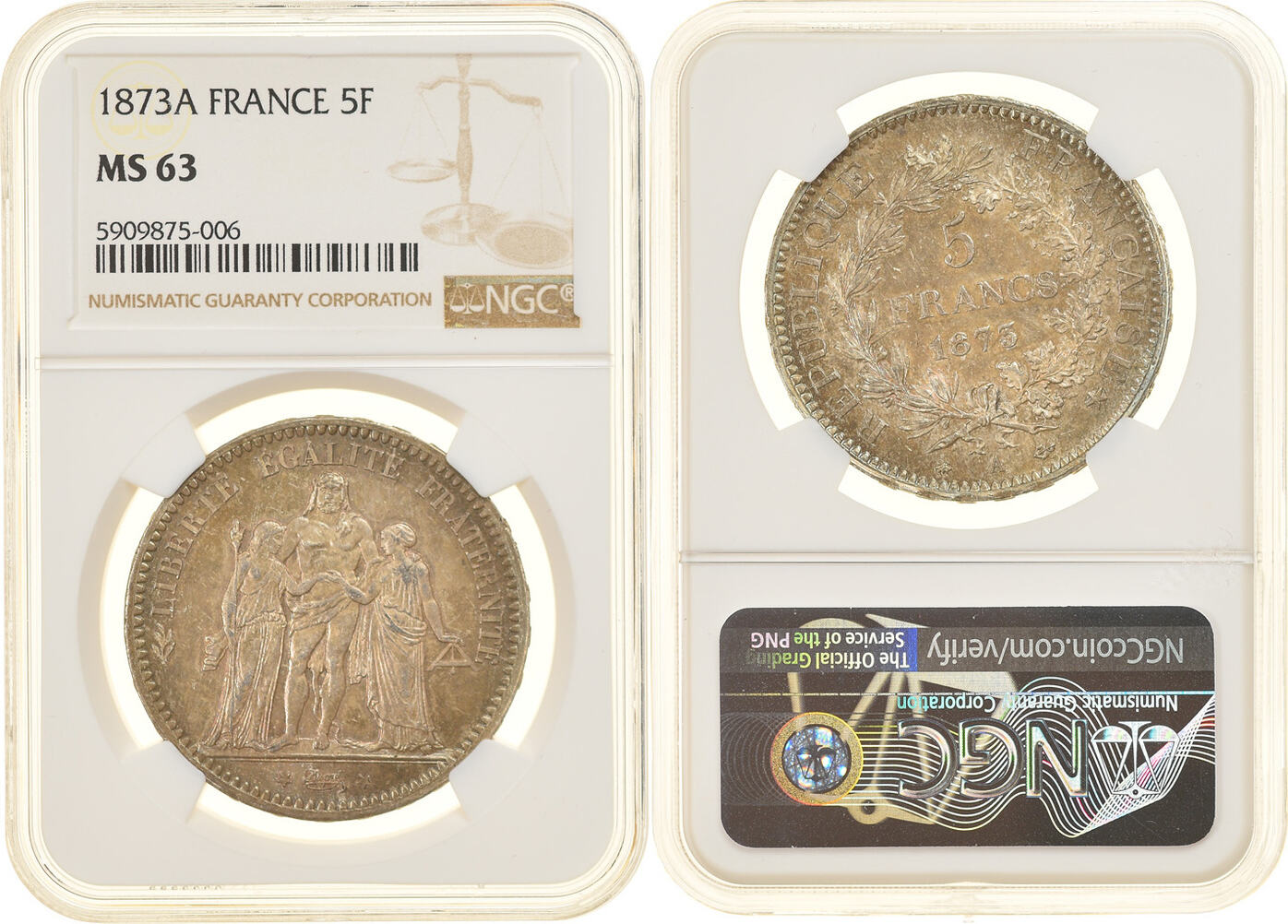 Frankreich 5 Francs 1873 A Münze, Hercule, Paris, NGC, MS63, UNZ, Silber | MA-Shops