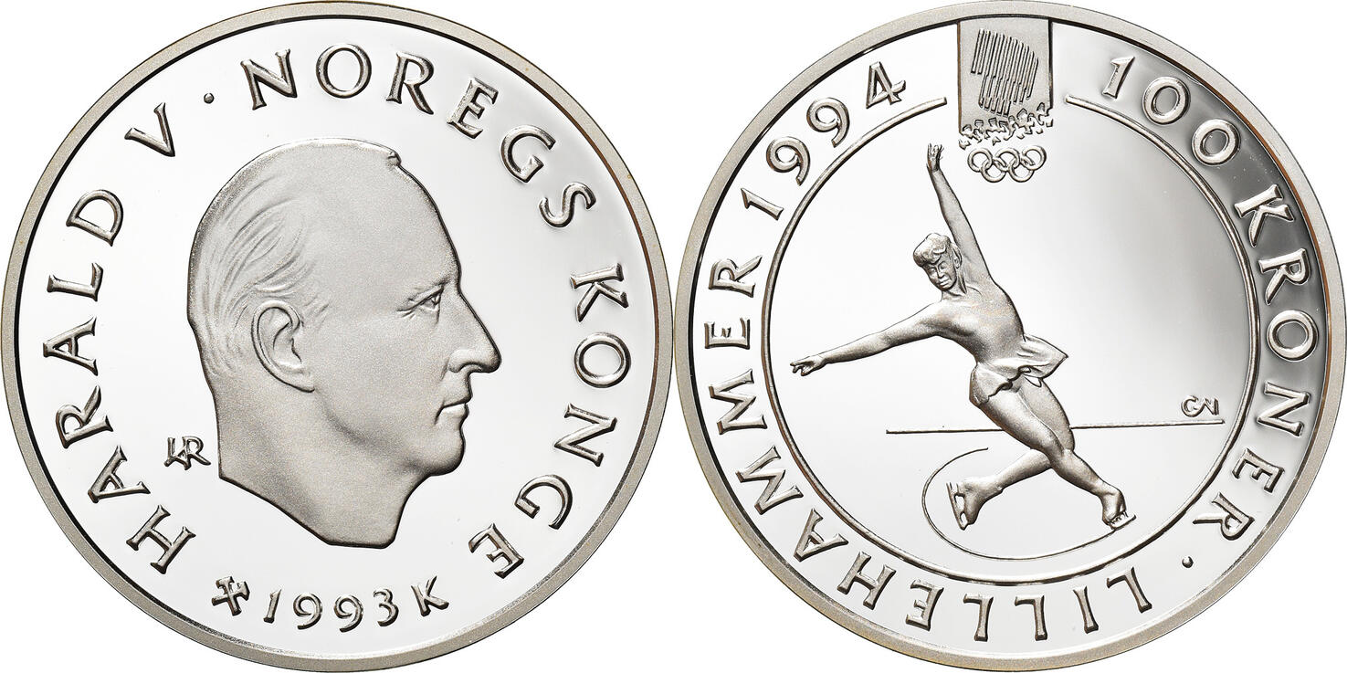 Norwegen 100 Kroner 1993 Münze, Harald V, BE, STGL, Silber, KM:449 | MA-Shops