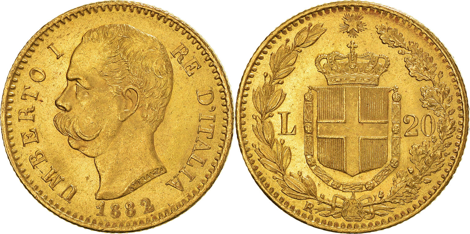Italien 20 Lire 1882 R Münze, Umberto I, Rome, UNZ, Gold, KM:21 | MA-Shops