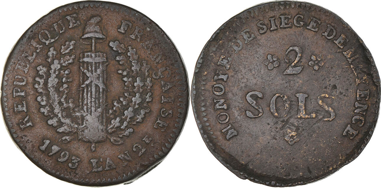 Deutsch Staaten 2 Sols 1793 Mayence Münze, MAINZ, Friedrich Karl Josef ...