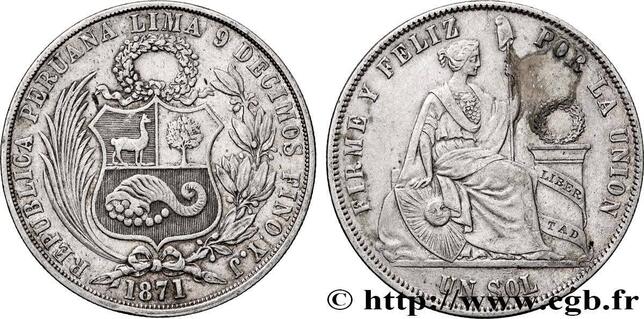 1 Sol “Liberté” PERU Lima 1871 (37mm, 24,91g, 6h) SS | MA-Shops