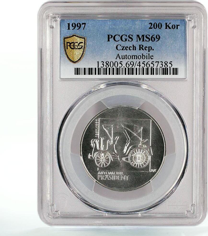 Czech Republic 200 korun Old Car Retro Auto President MS69 PCGS silver coin 1997 BU | MA-Shops