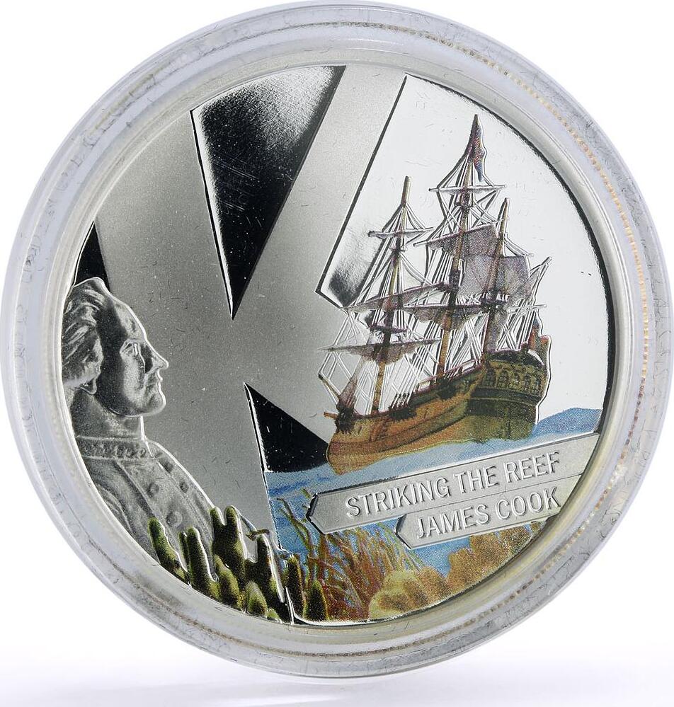 Cook Islands 1 dollar James Cook Reef Striking Ship Clipper silver coin ...