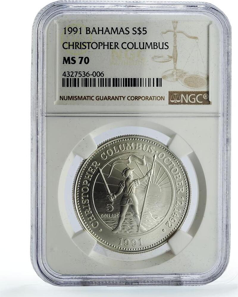 Bahamas 5 dollars Christopher Columbus Discovery KM-132 MS70 NGC silver ...