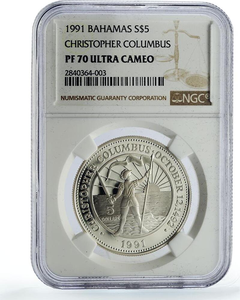 Bahamas 5 dollars Christopher Columbus Discovery KM-132 PF70 NGC silver ...