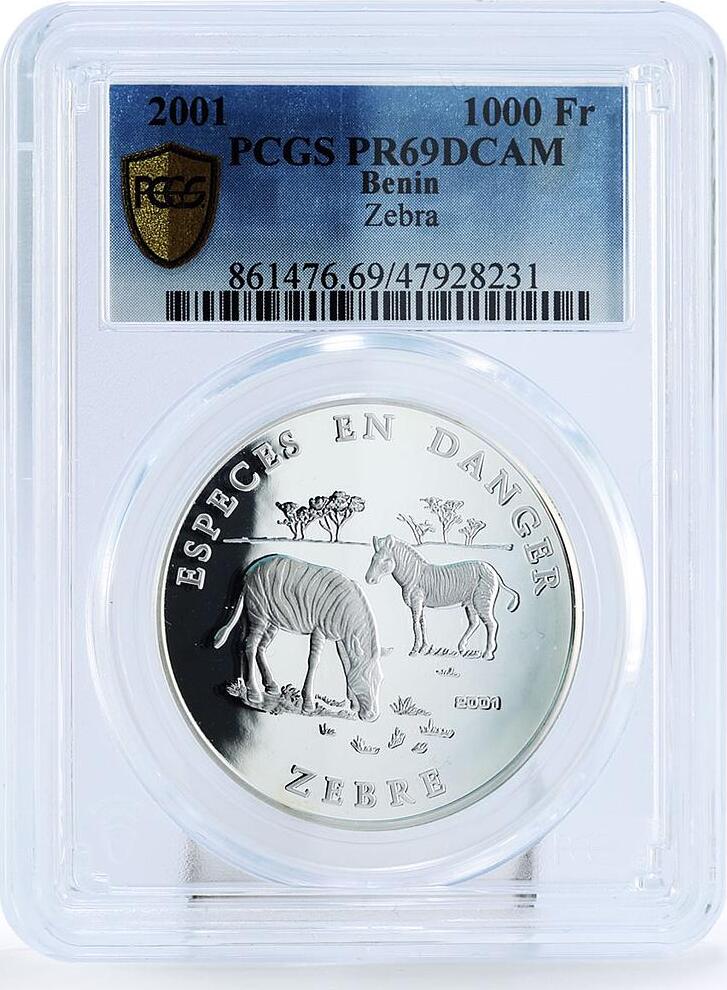Benin 1000 francs Endangered Wildlife Zebra Animals Fauna PR69 PCGS Ag ...