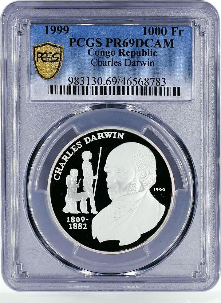 Congo 1000 francs English Naturalist Charles Darwin PR69 PCGS silver ...