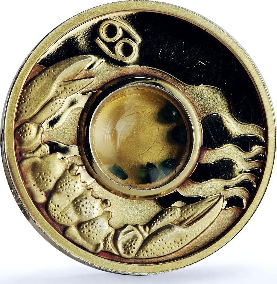 Cook Islands 1 dollar Gemstone Zodiac Signs series Cancer gilded Ag ...