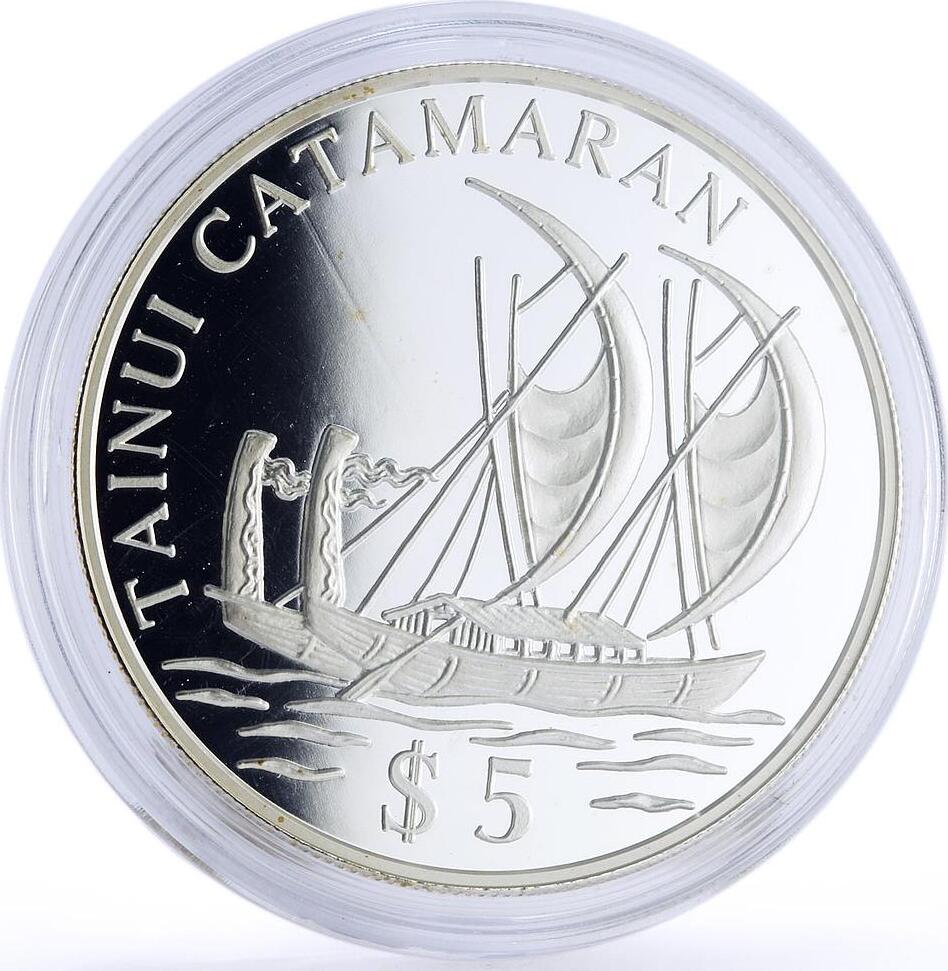 Cook Islands 5 dollars Seafaring Tanui Catamaran Ship Clipper silver ...