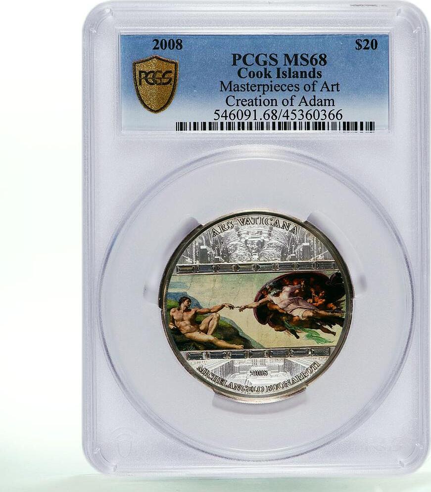 Cook Islands 20 dollars Michelangelo Creation of Adam Art MS68 PCGS Ag ...