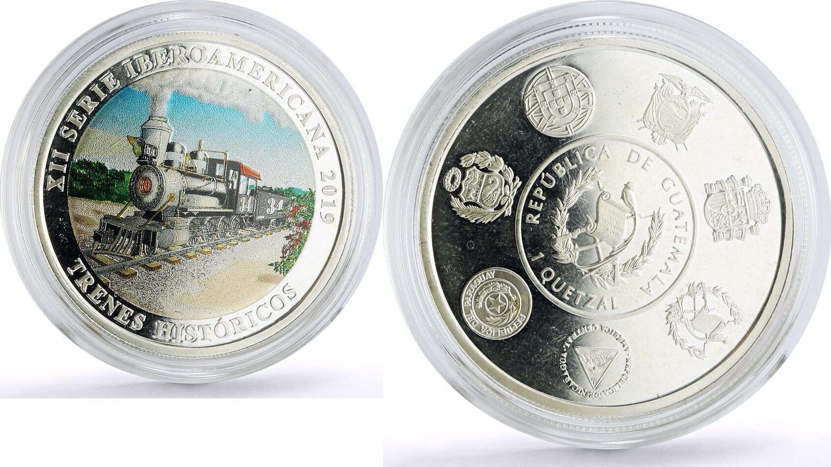 Guatemala 1 quetzal Ibero-American Trains Railroads Locomotive 34 proof ...