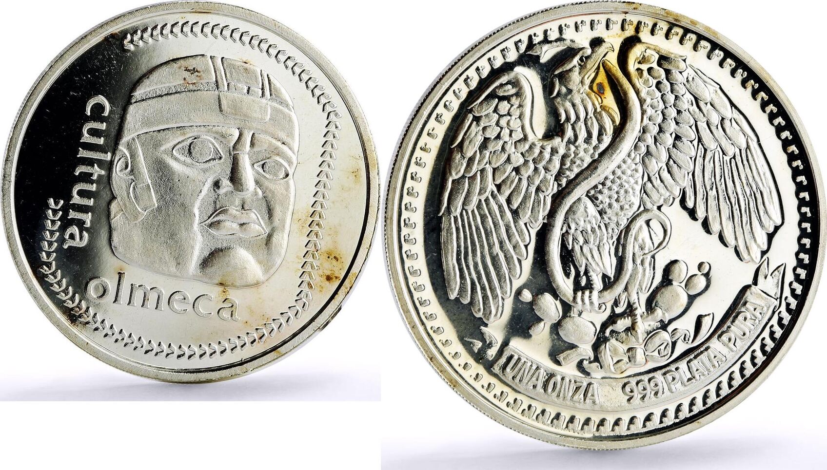 Mexico 1 onza Precolombina Olmeca Stone Head Facing proof silver coin ...