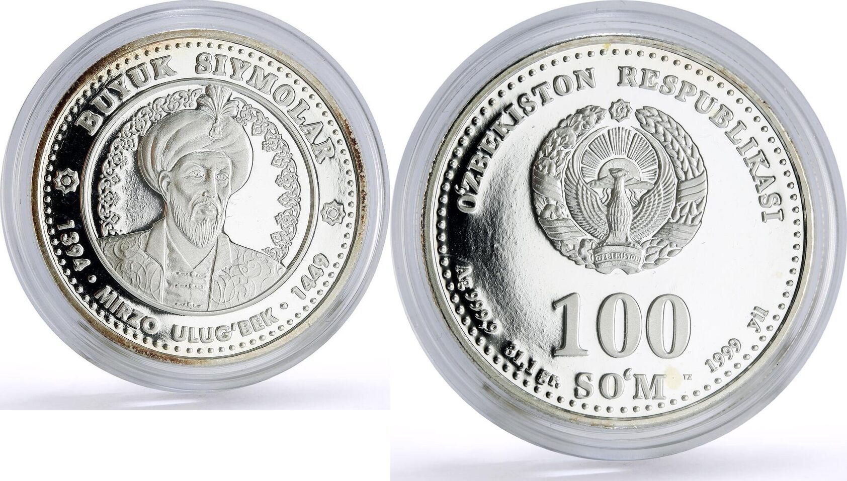 Uzbekistan 100 som Great Ancestors Sultan Mirzo Ulugbek proof silver ...