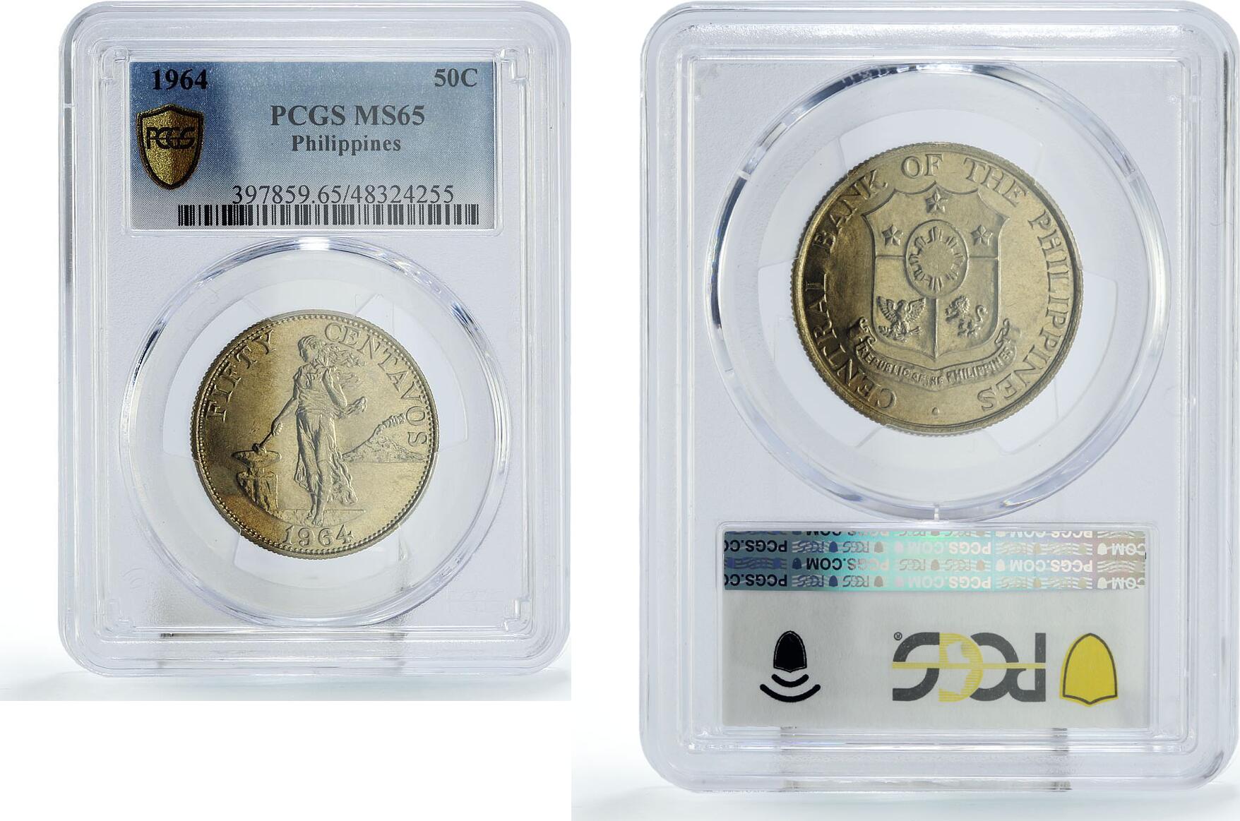 Philippines 50 centavos Regular Coinage Liberty KM-190 MS65 PCGS CuNi ...