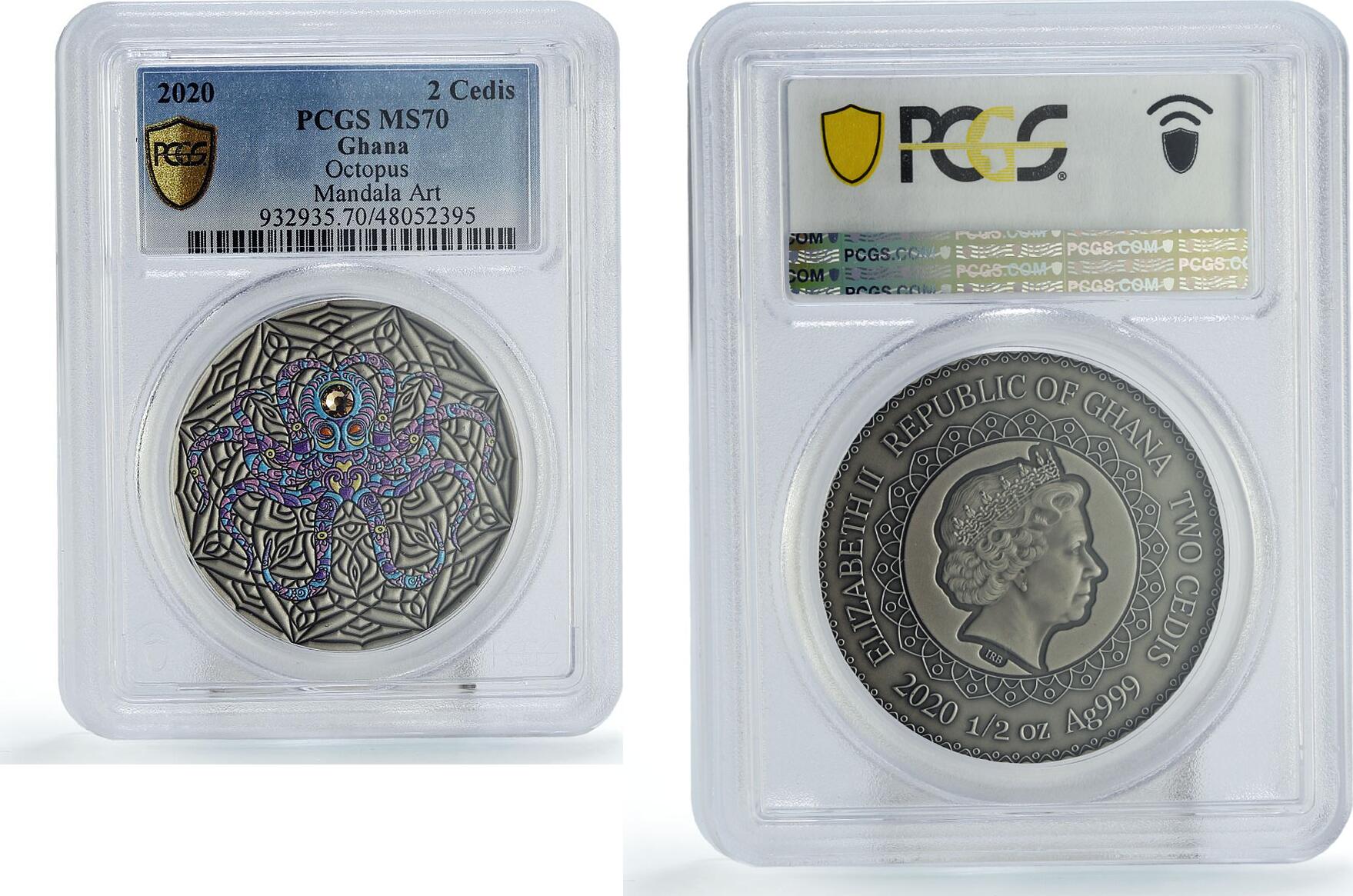 Ghana 2 cedis Mandala Art Animals Octopus Marine Life MS70 PCGS silver ...