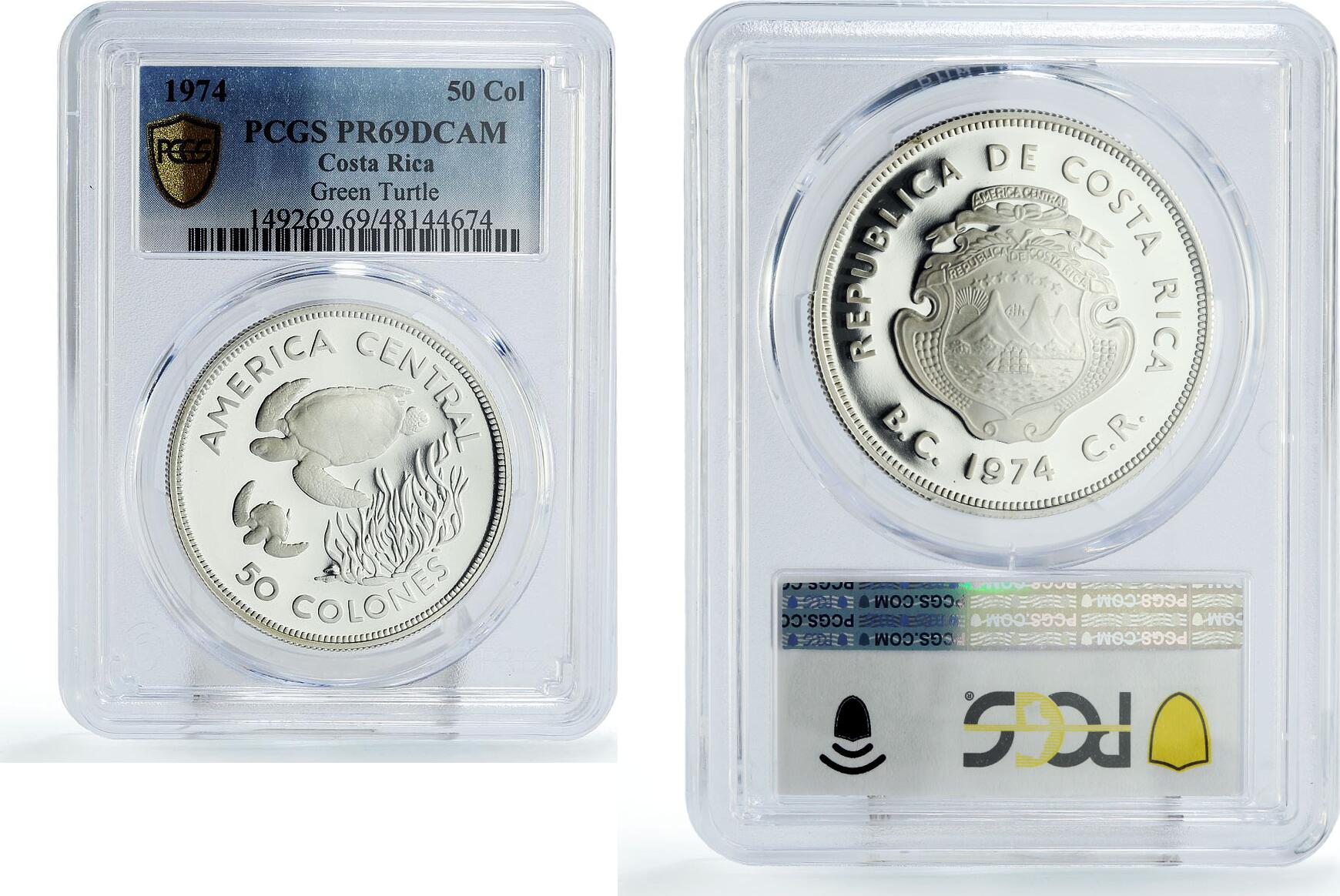 Costa Rica 50 colones Conservation Green Turtle Fauna PR69 PCGS silver ...