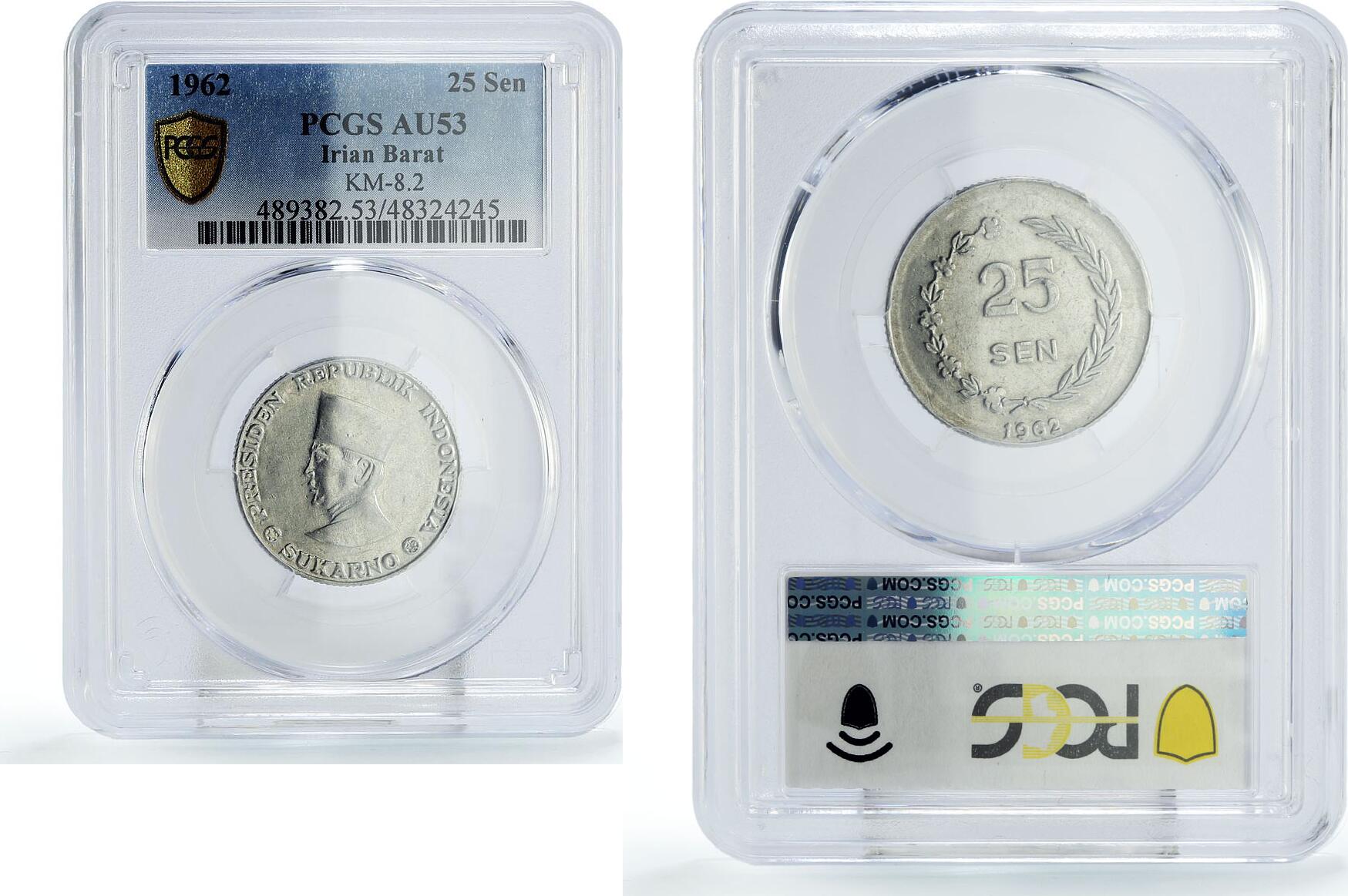 Indonesia Irian Barat 25 sen President Sukarno KM-8.2 AU53 PCGS Al coin 1962 unz | MA-Shops