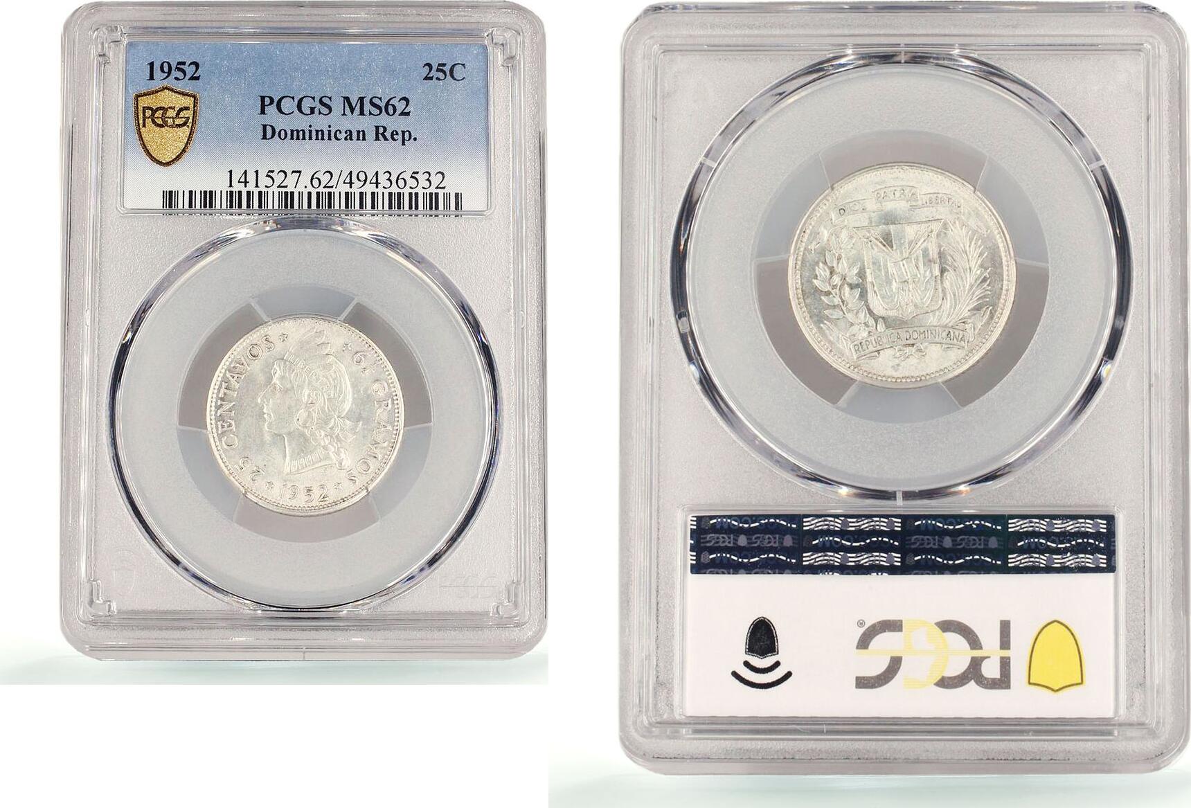 Dominican Republic 20 centavos Regular Coinage KM-20 MS62 PCGS silver coin 1952 unz | MA-Shops