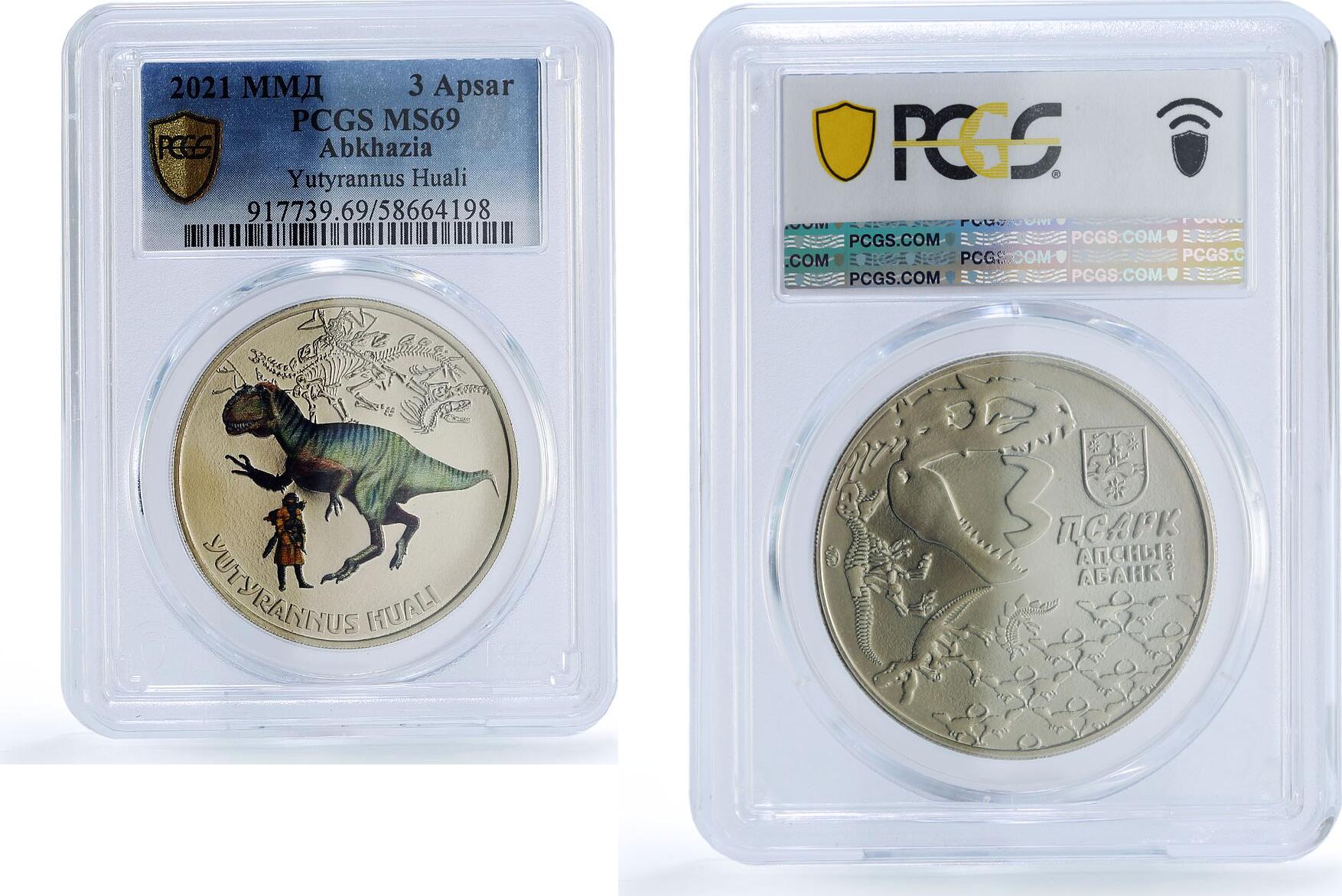 Abkhazia 3 apsar Yutyrannus Huali Dinosaurs MS 69 PCGS nickel coin 2021 ...