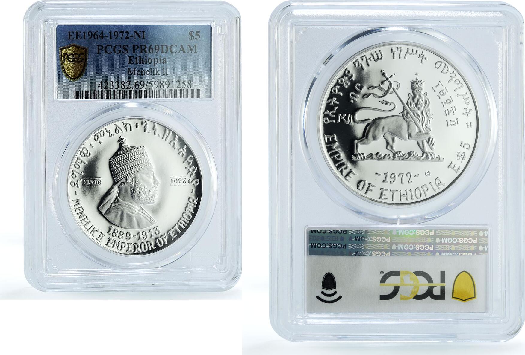 Ethiopia 5 dollars Emperor Menelik II KM-50 PR 69 PCGS silver coin 1972 ...