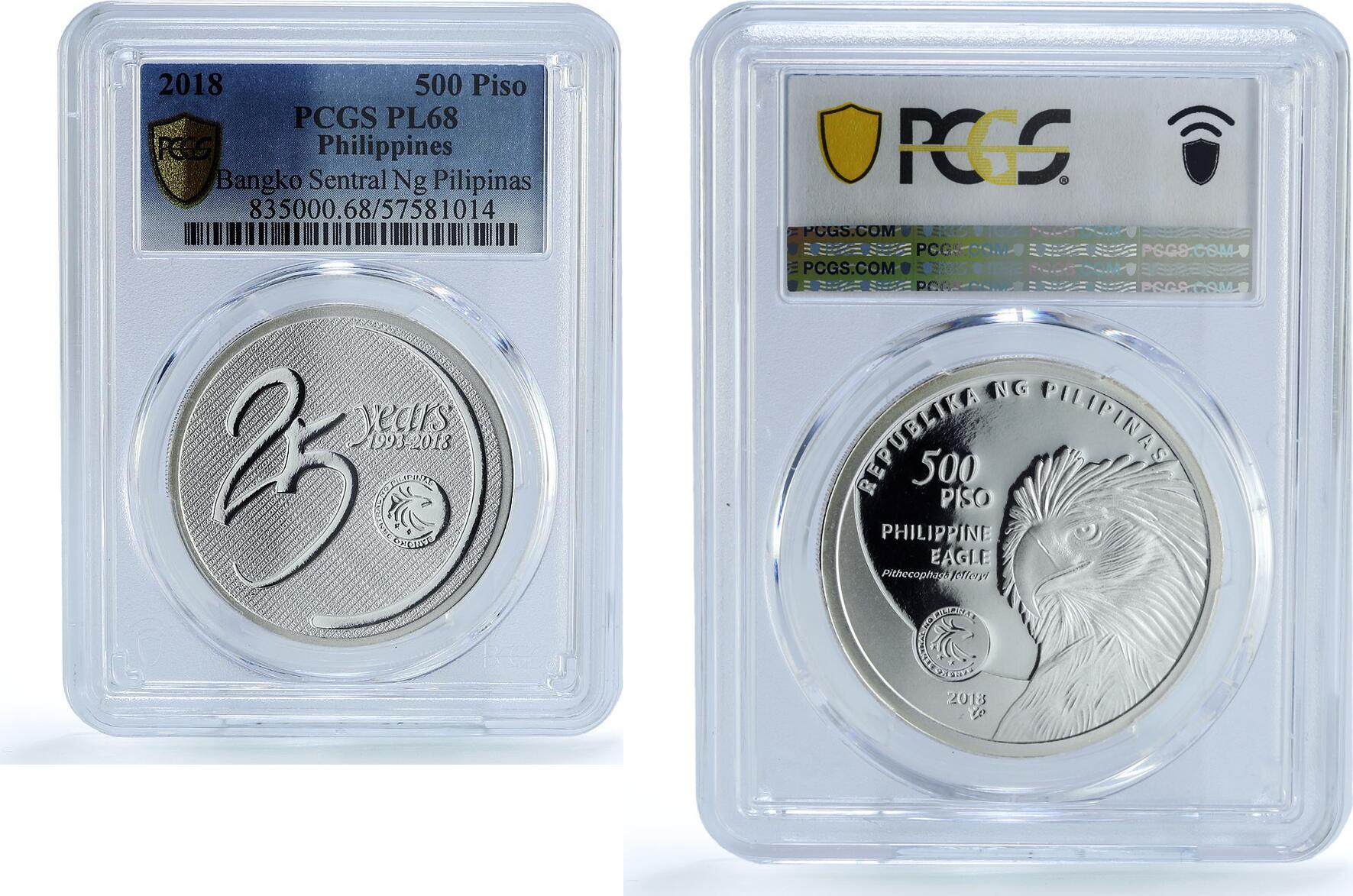 Philippines 500 piso BSP Central Bank KM-310 Eagle PL 68 PCGS silver ...