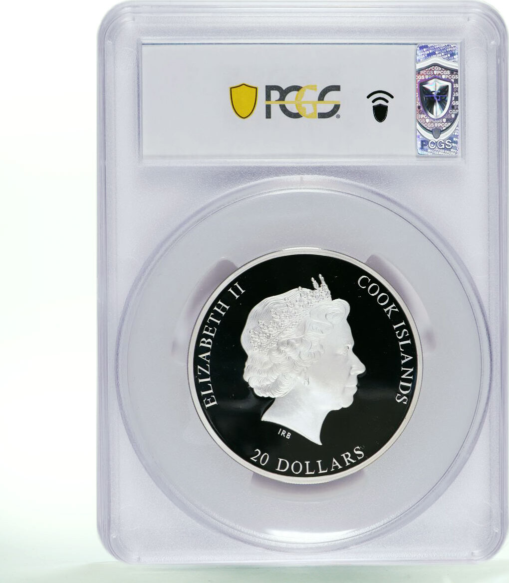 Cook Islands 20 dollars Shen Quan Pine Plume Cranes Art PR68 PCGS Ag ...