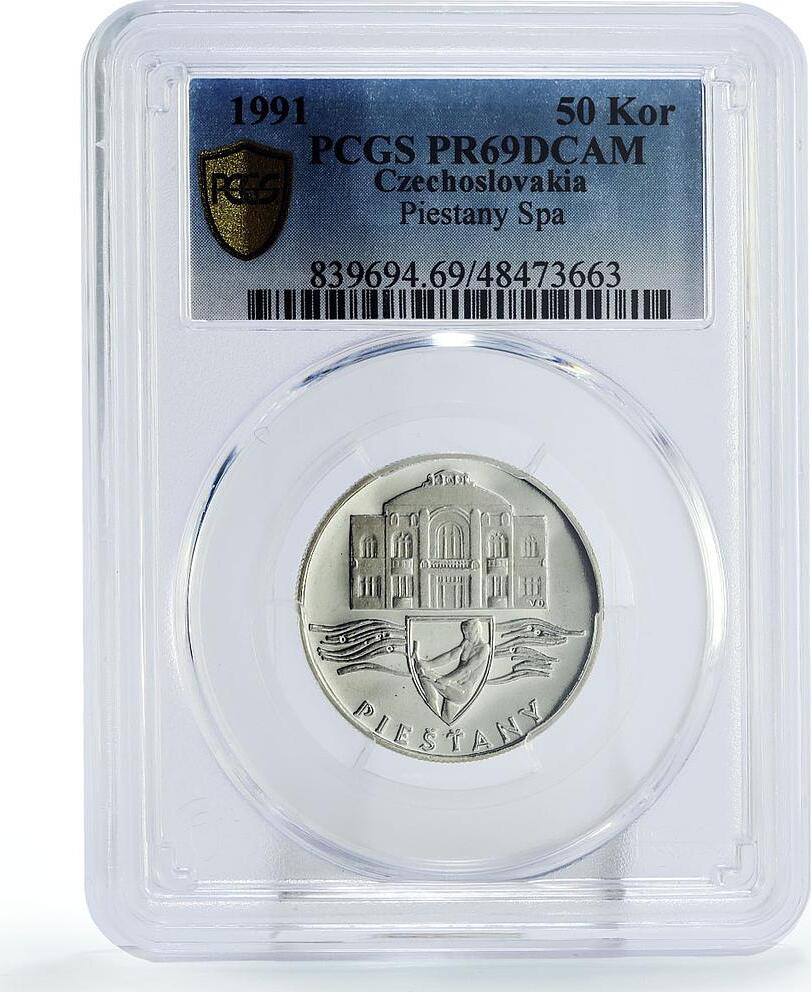 Czech Republic Czechoslovakia 50 korun Piestany Spa Architecture PR69 PCGS silver coin 1991 PP ...