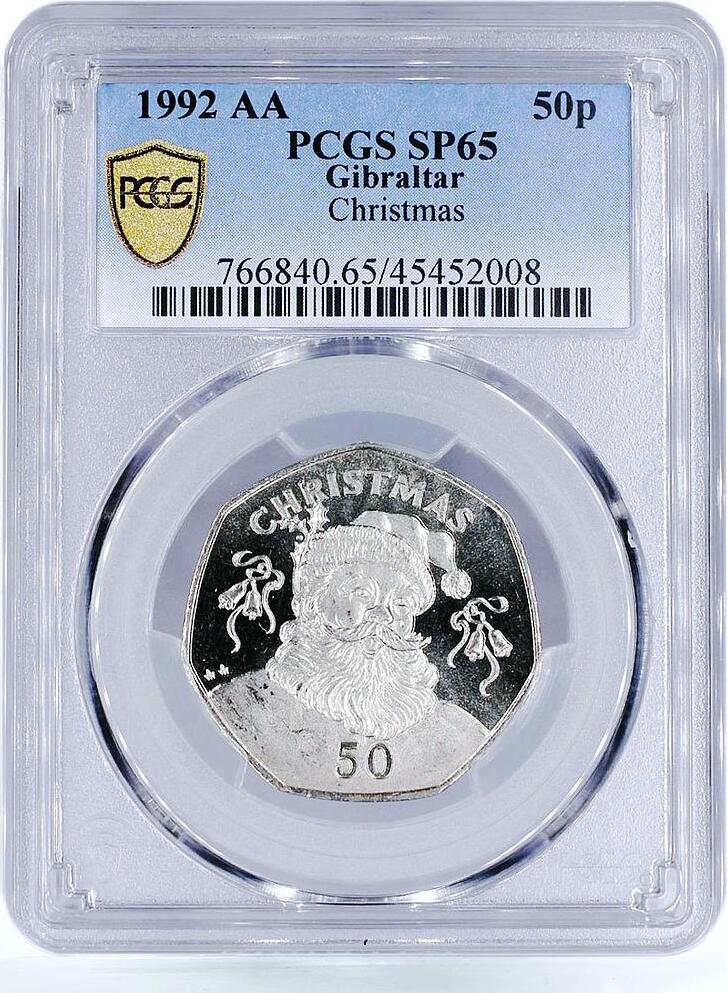 Gibraltar 50 pence Holidays Christmas Santa Claus SP65 PCGS AA CuNi ...
