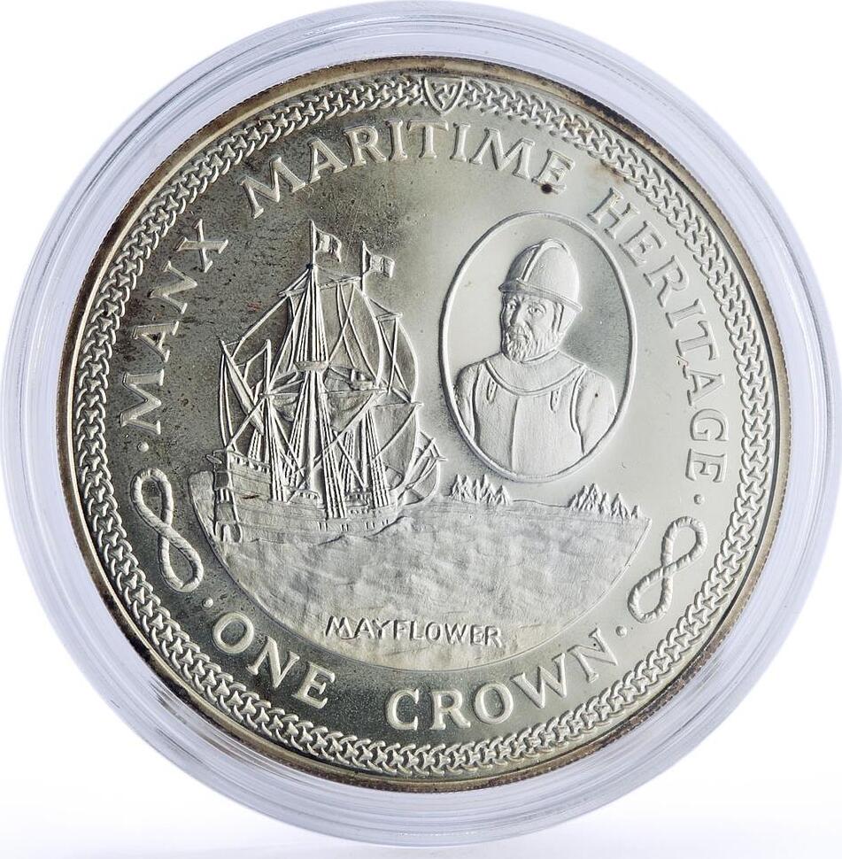 Isle of Man 1 crown Seafaring Mayflower Ship Clipper proof silver coin 1982 PP | MA-Shops