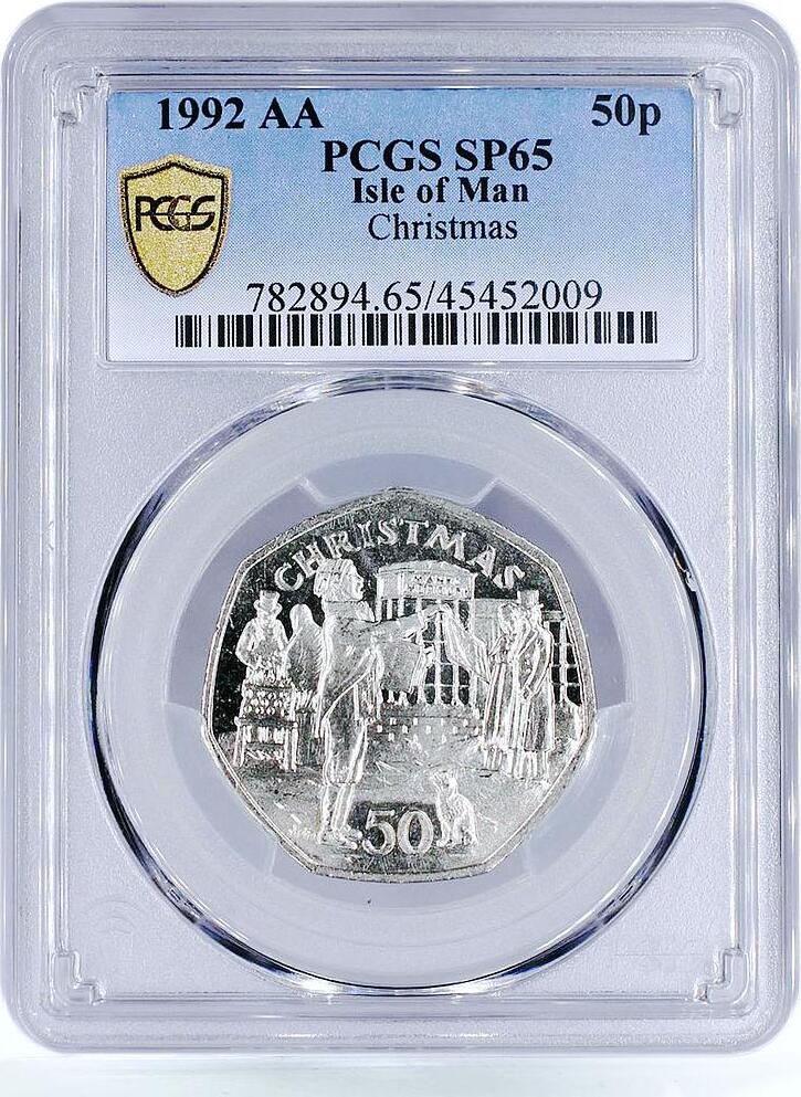 Isle of Man 50 pence Holidays Christmas Manx Mercury SP65 PCGS AA CuNi ...