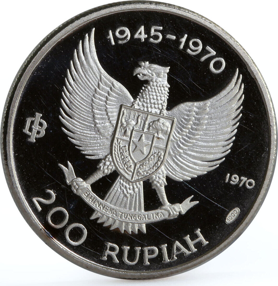 Indonesia 200 rupiah 25th Anniversary Independence Great Bird silver ...