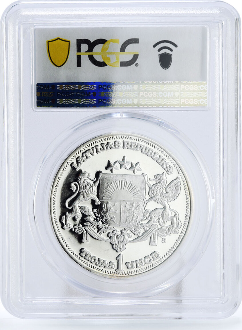 1 ounce Latvia 1 oz 70th Anniversary Independence Monument X#5 PR64 PCGS Ag coin 1988 PP | MA-Shops