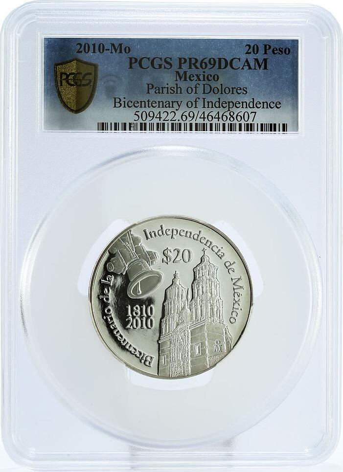 Mexico 20 pesos Independence Dolores Chapel Church Bell PR69 PCGS Ag coin 2010 PP | MA-Shops