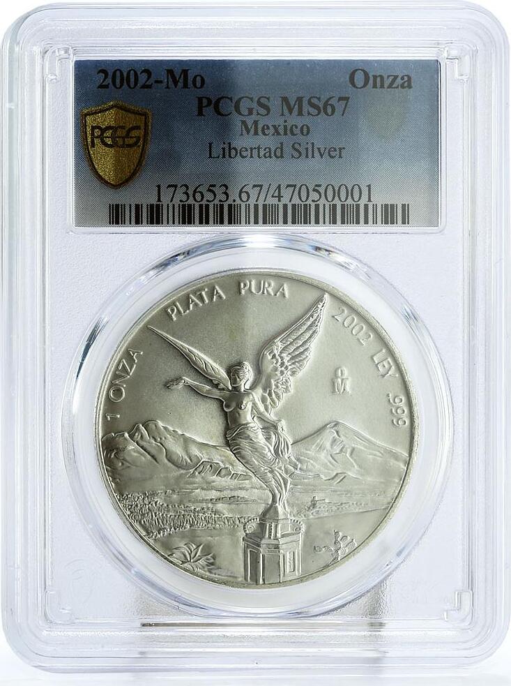 Mexico 1 onza Libertad Angel of Independence MS67 PCGS silver coin 2002 ...