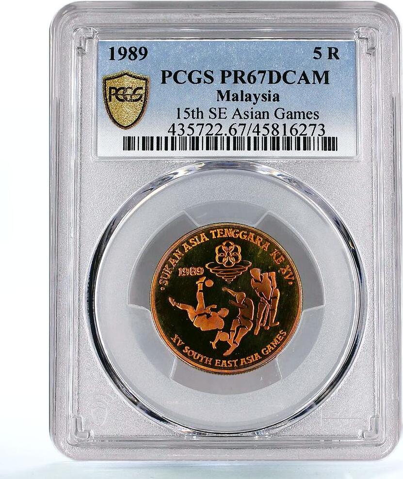 Malaysia 5 ringgit Asian Games Football Hockey Sports PR67 PCGS CuZn ...