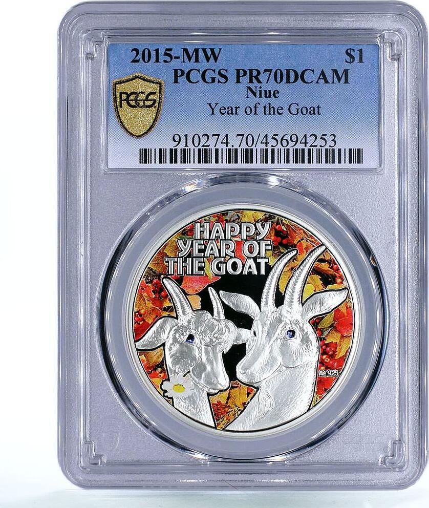 Niue 1 dollar Year of the Goat Animals Fauna PR70 PCGS colored silver ...