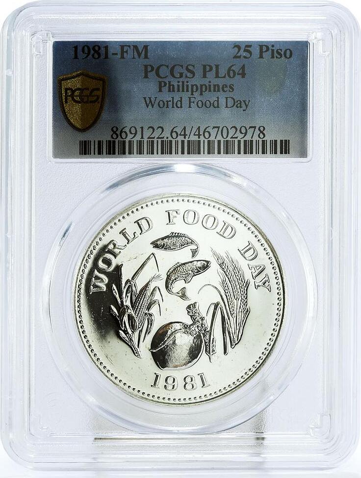 Philippines 25 piso FAO World Food Day Fish Fruits PL64 PCGS silver ...