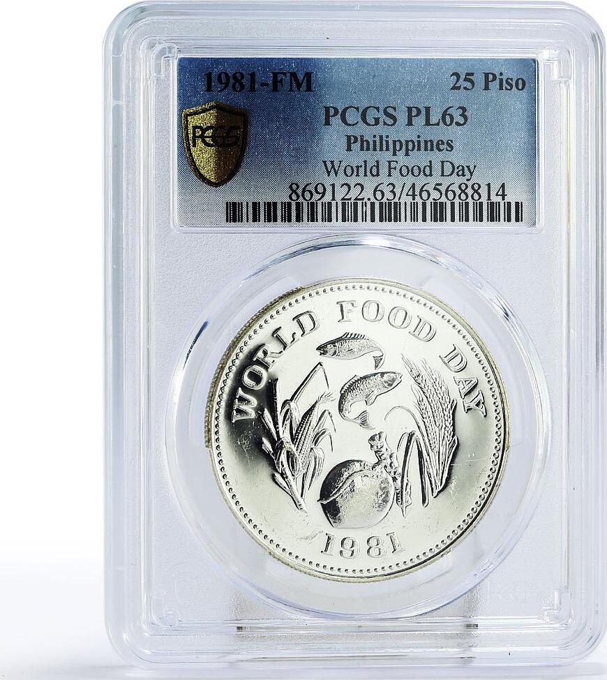 Philippines 25 piso FAO World Food Day Fish Fruits PL63 PCGS silver ...