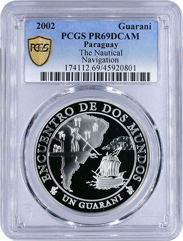Paraguay 1 guarani Discovery of America Ship Clipper Map PR69 PCGS Ag ...